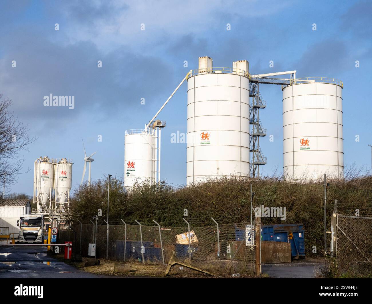 Cement silos at Sharpness docks on the River Severn, Gloucestershire UK ...