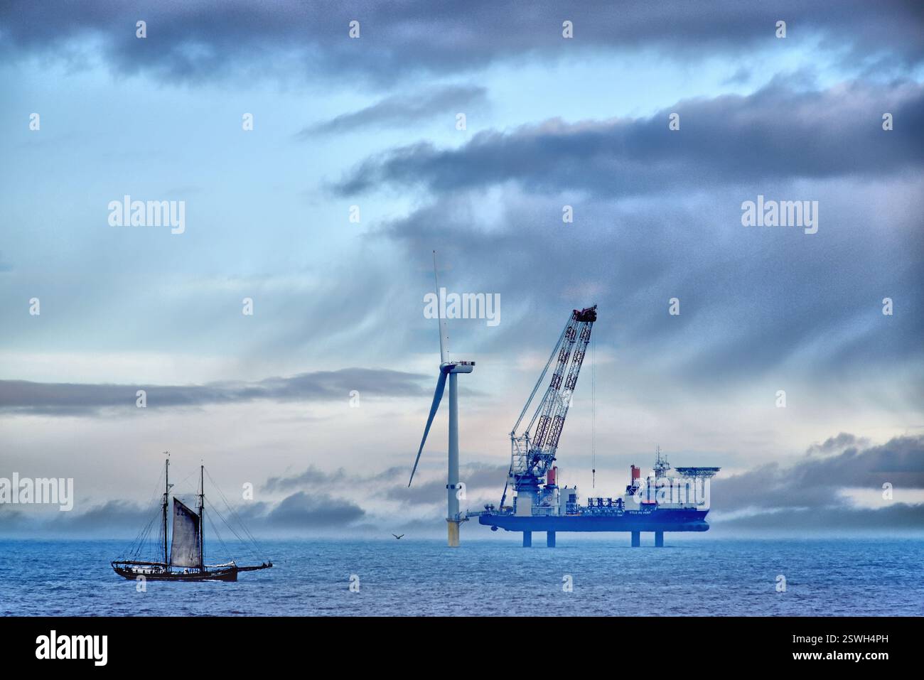 Whitley Bay North sea with the barge Vole au Vent installing the off ...