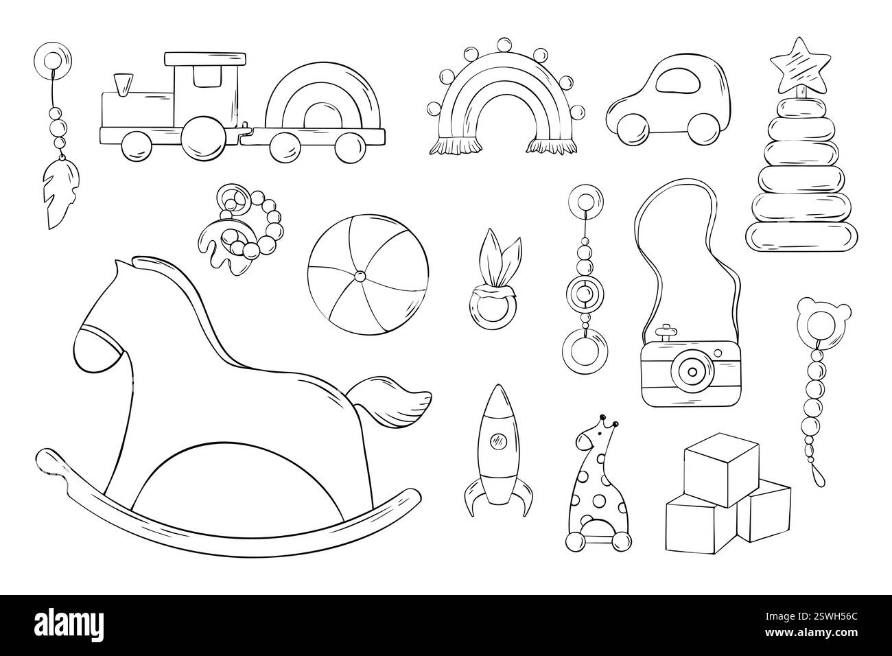 Large Set of baby wooden toys Silhouette. Sketch of Children rocking ...