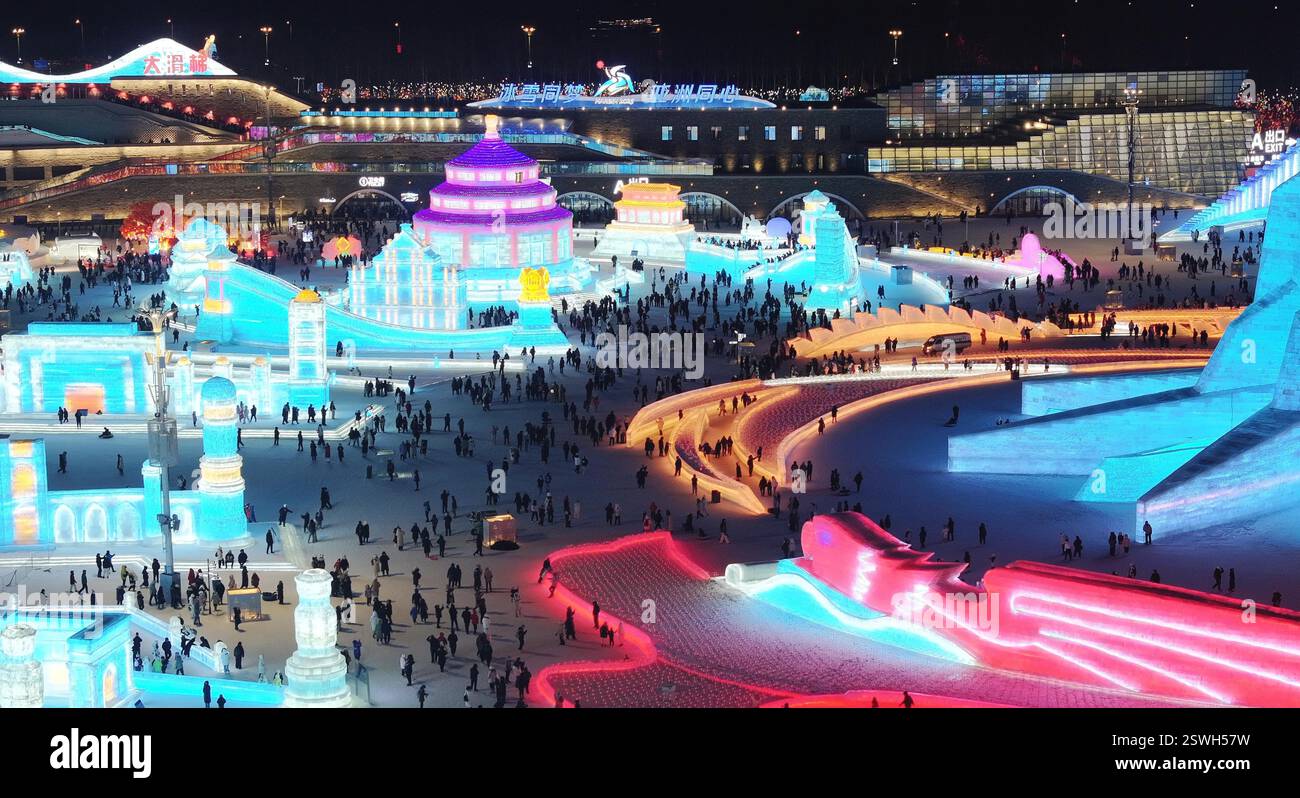 Aerial photo shows tourists playing at Harbin Ice and Snow World in ...