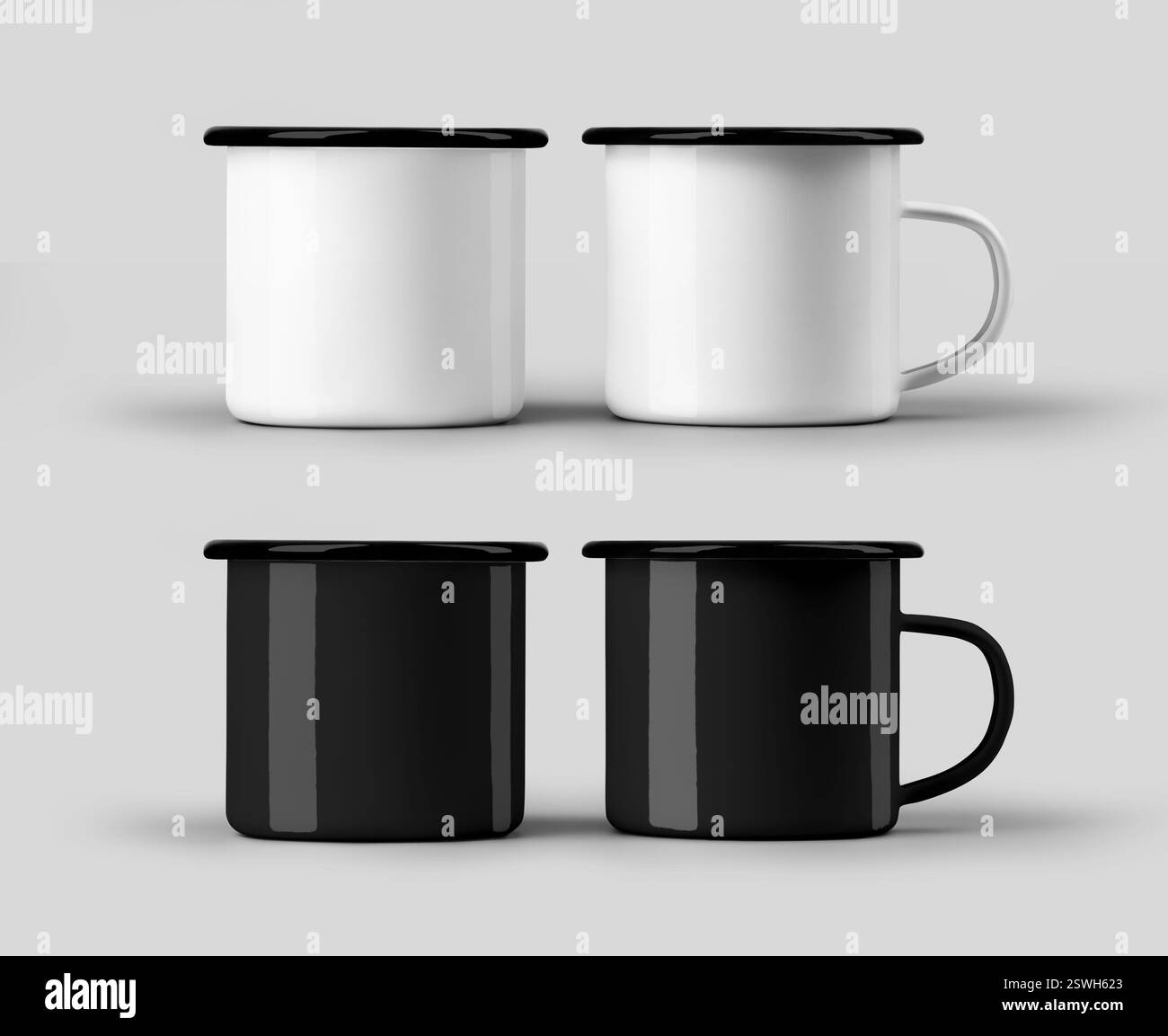 Template of white, black enamel mug with black rim, presentation side ...