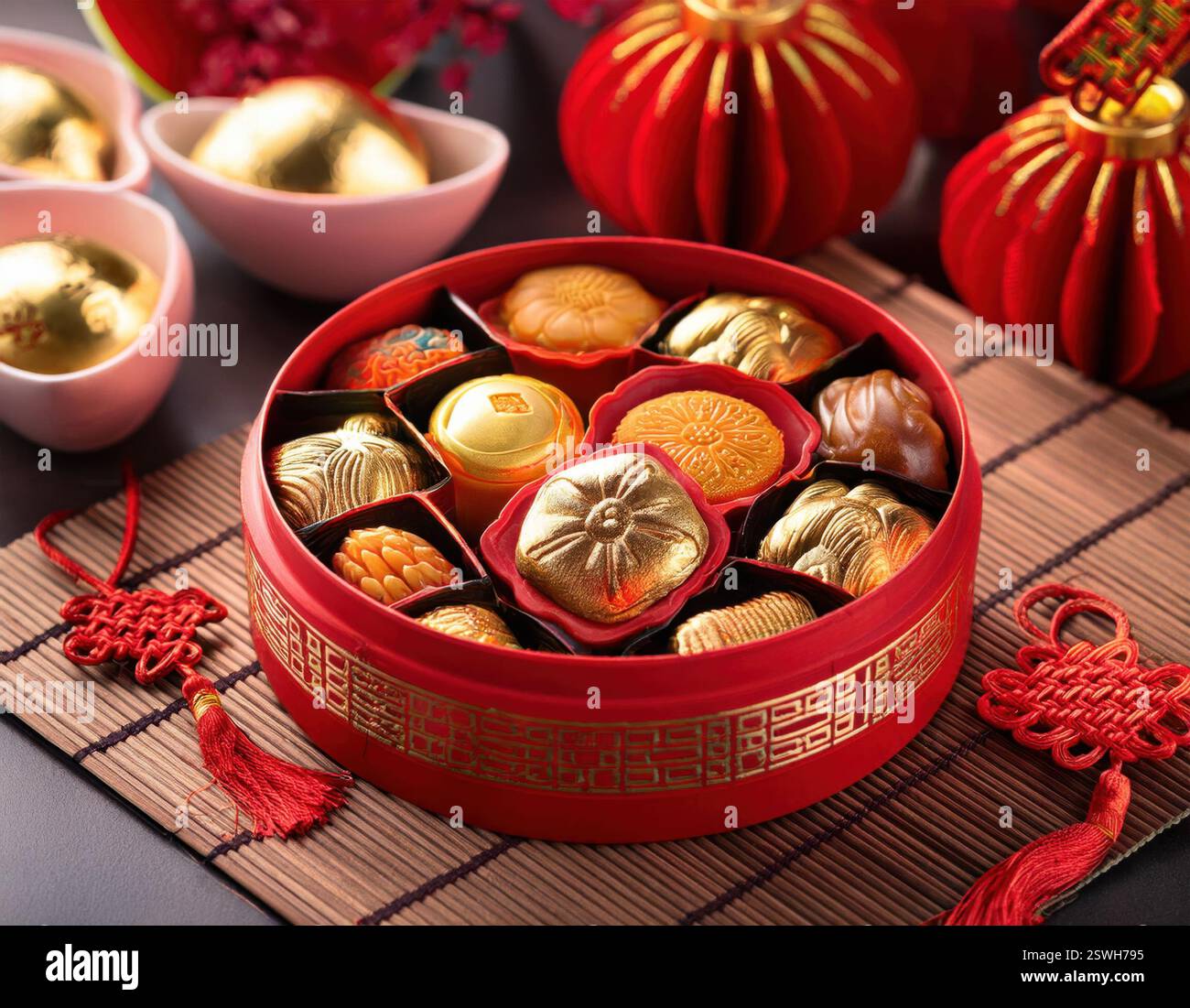Festive sweets and snacks arranged beautifully in a red box ...