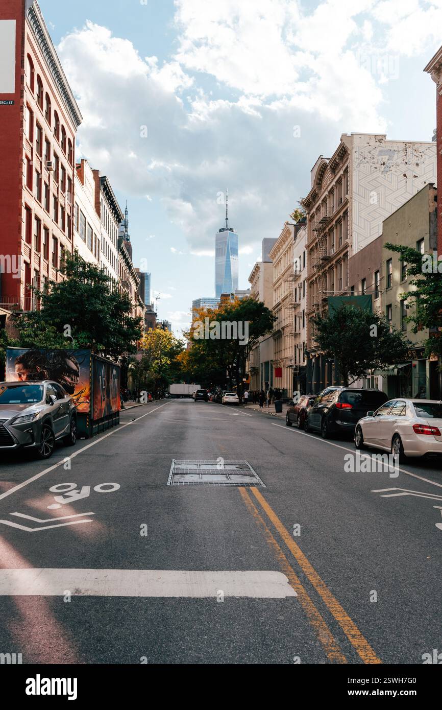 Manhattan street view with skyscrapers and trees under a sunny s Stock ...