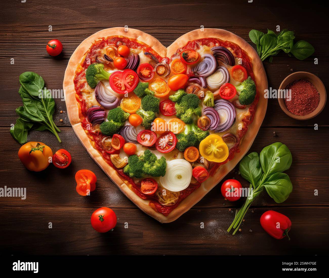 A heart-shaped pizza piled high with colorful vegetables perfect for a ...