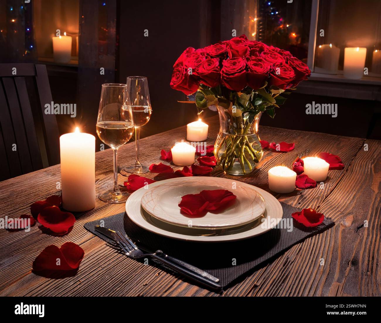 A romantic dining table with roses, candlelight, and elegant touches ...