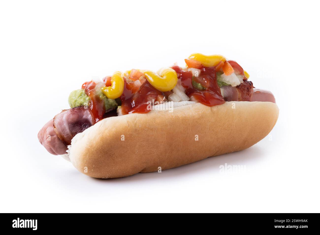 Sonoran hot dog. Traditional Mexican hot dog isolated on white ...