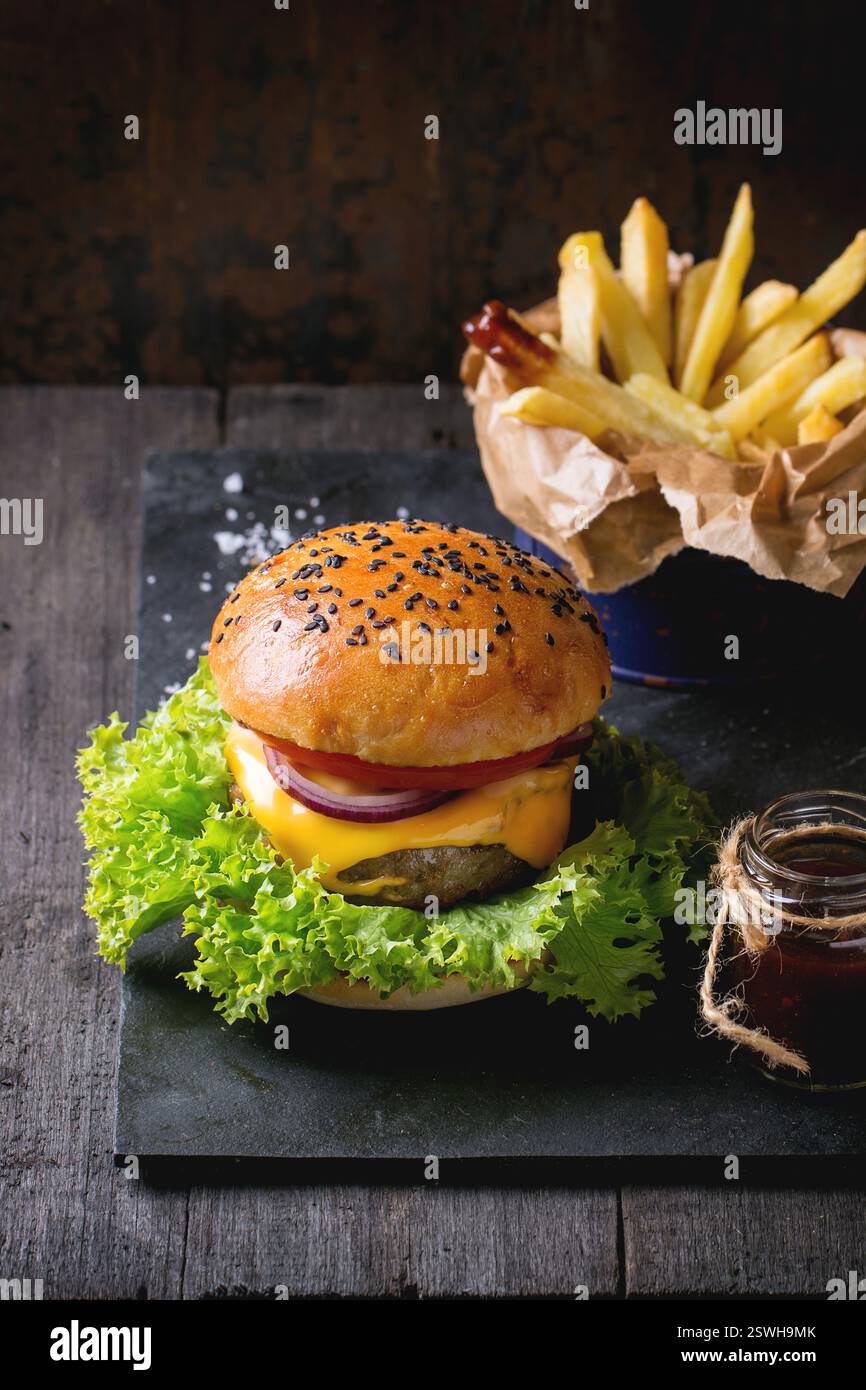 Homemade hamburger with french fries Stock Photo - Alamy