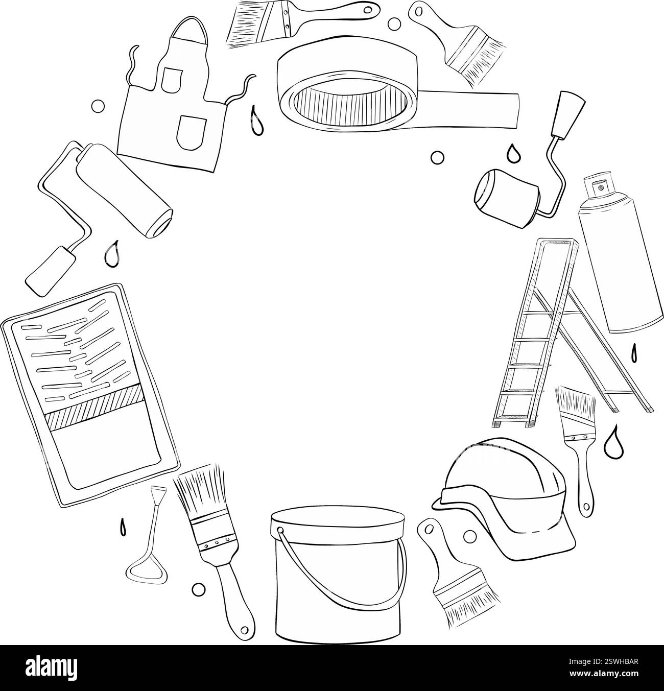 Painting tools elements vector circle round frame. Graphic line ink ...