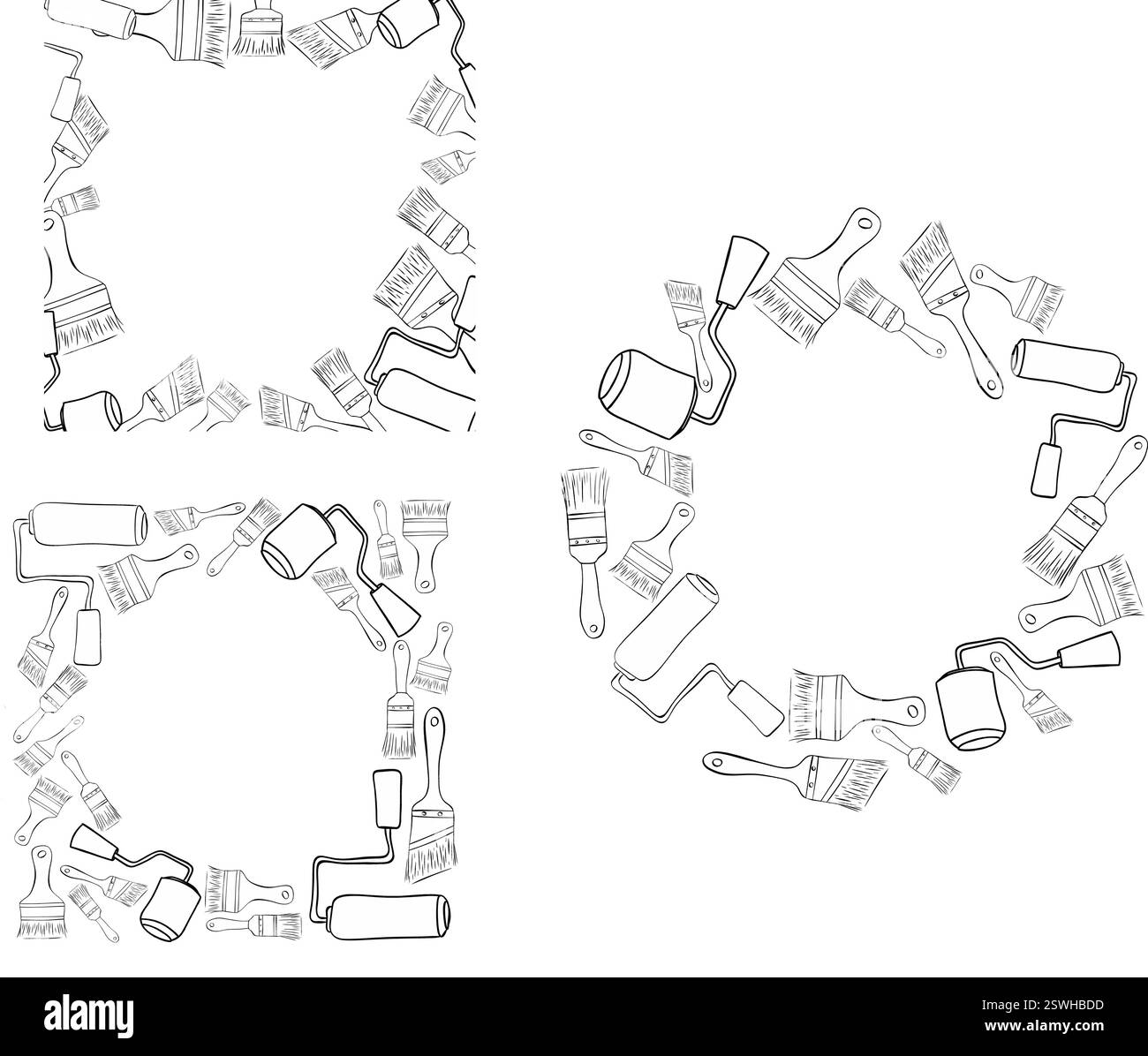 Painter tools circle round square frame set. Graphic line ink Vector ...