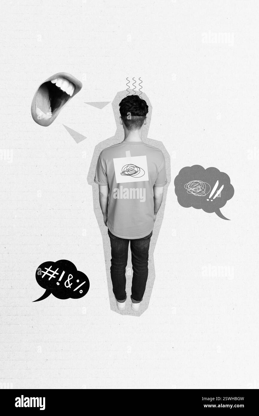 Minimalistic photo 3d collage poster picture sketch of sad upset man ...