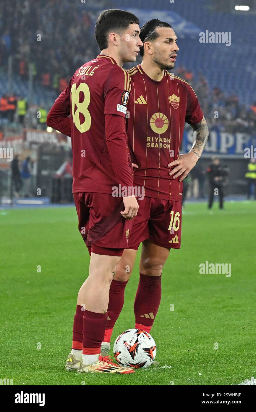 Rome, Lazio. 20th Feb, 2025. Matias Soule of AS Roma, Leandro Paredes ...