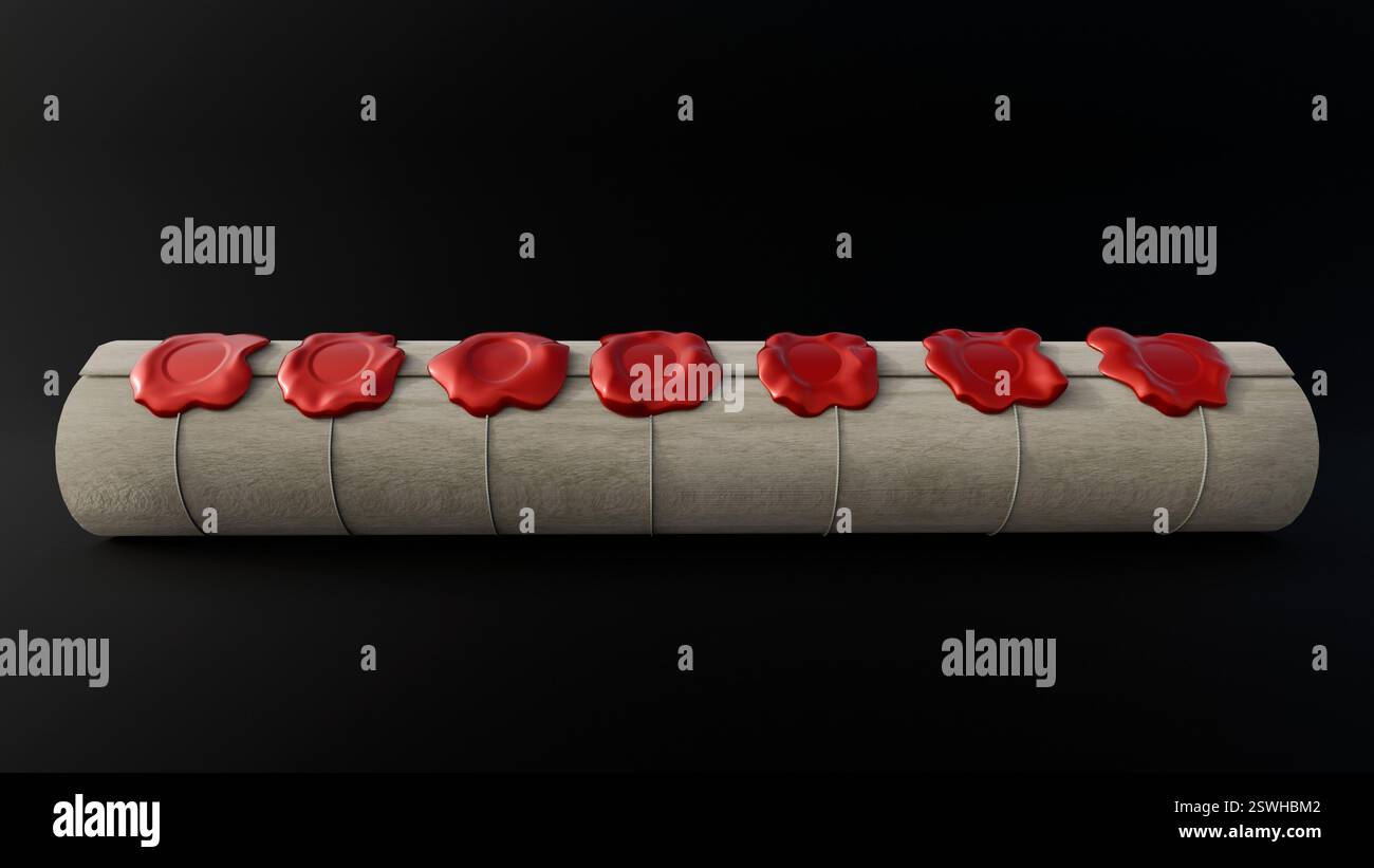 A 3D rendering depicts a rolled parchment scroll sealed with seven ...