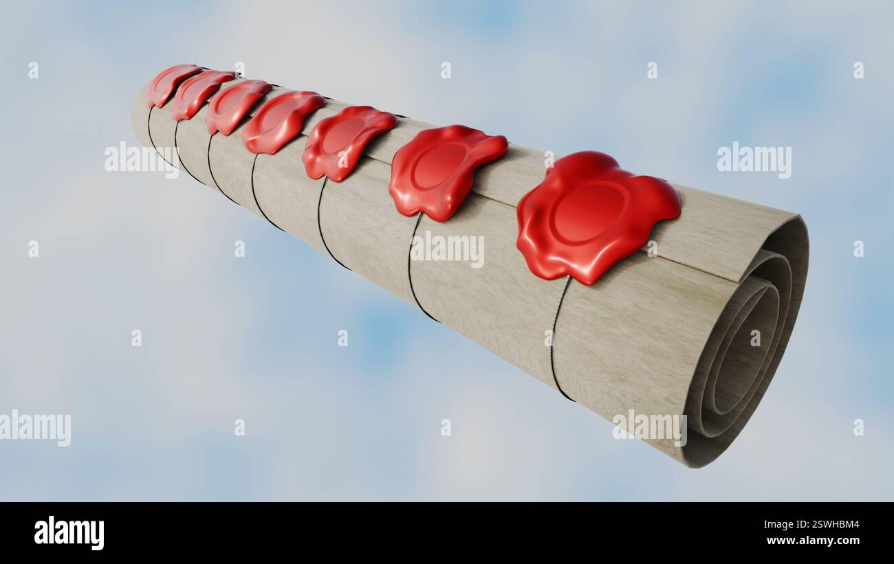 A 3D rendering depicts a rolled parchment scroll sealed with seven ...