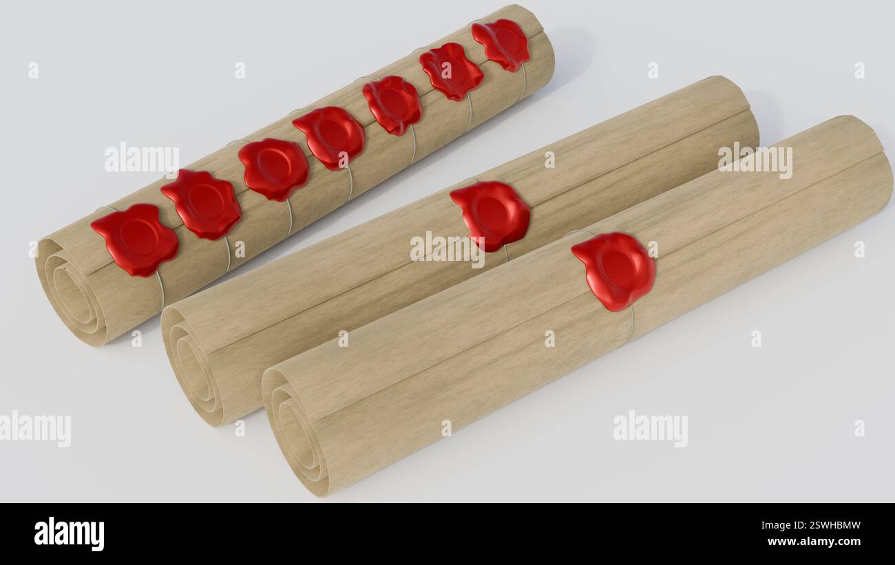 A 3D rendering depicts a rolled parchment scroll sealed with seven ...