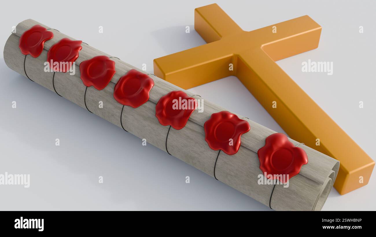 A 3D rendering depicts a rolled parchment scroll sealed with seven ...