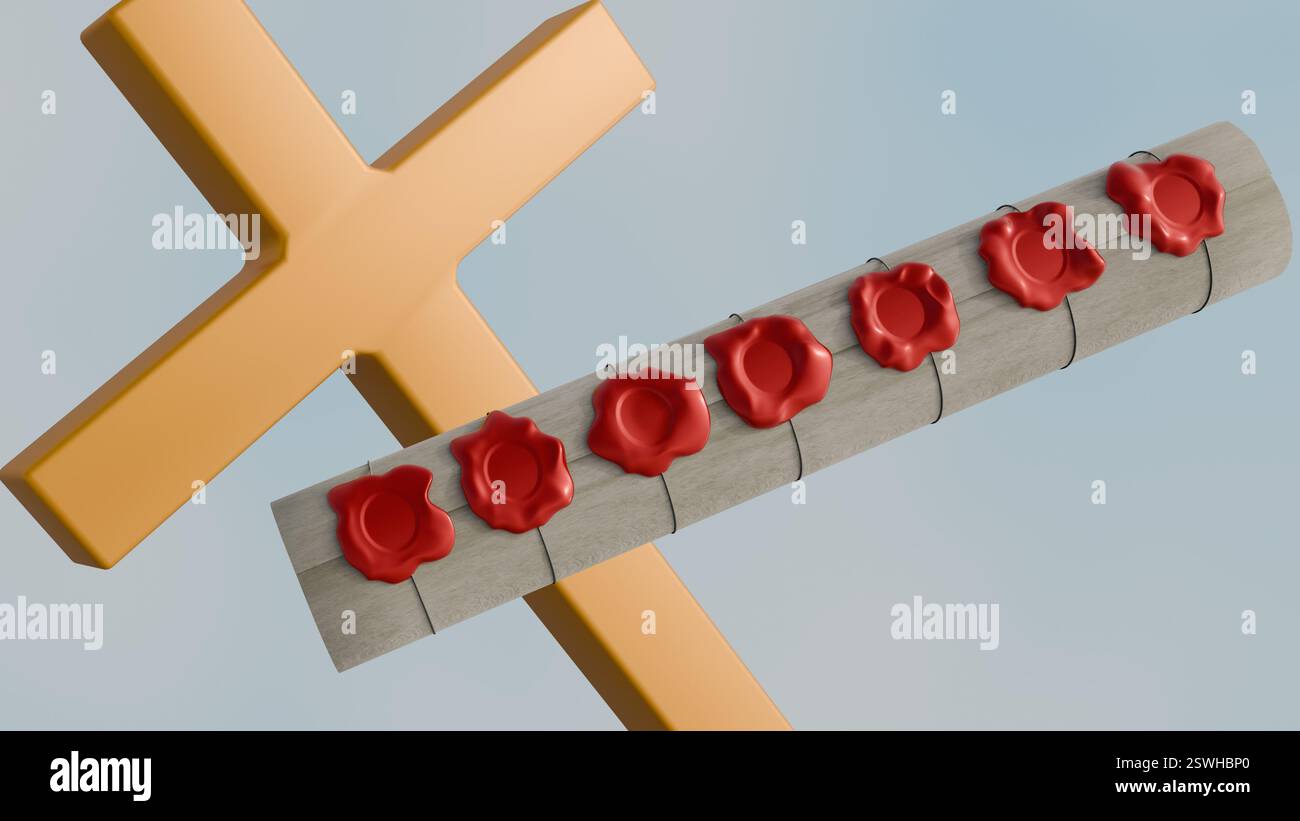 A 3D rendering depicts a rolled parchment scroll sealed with seven ...