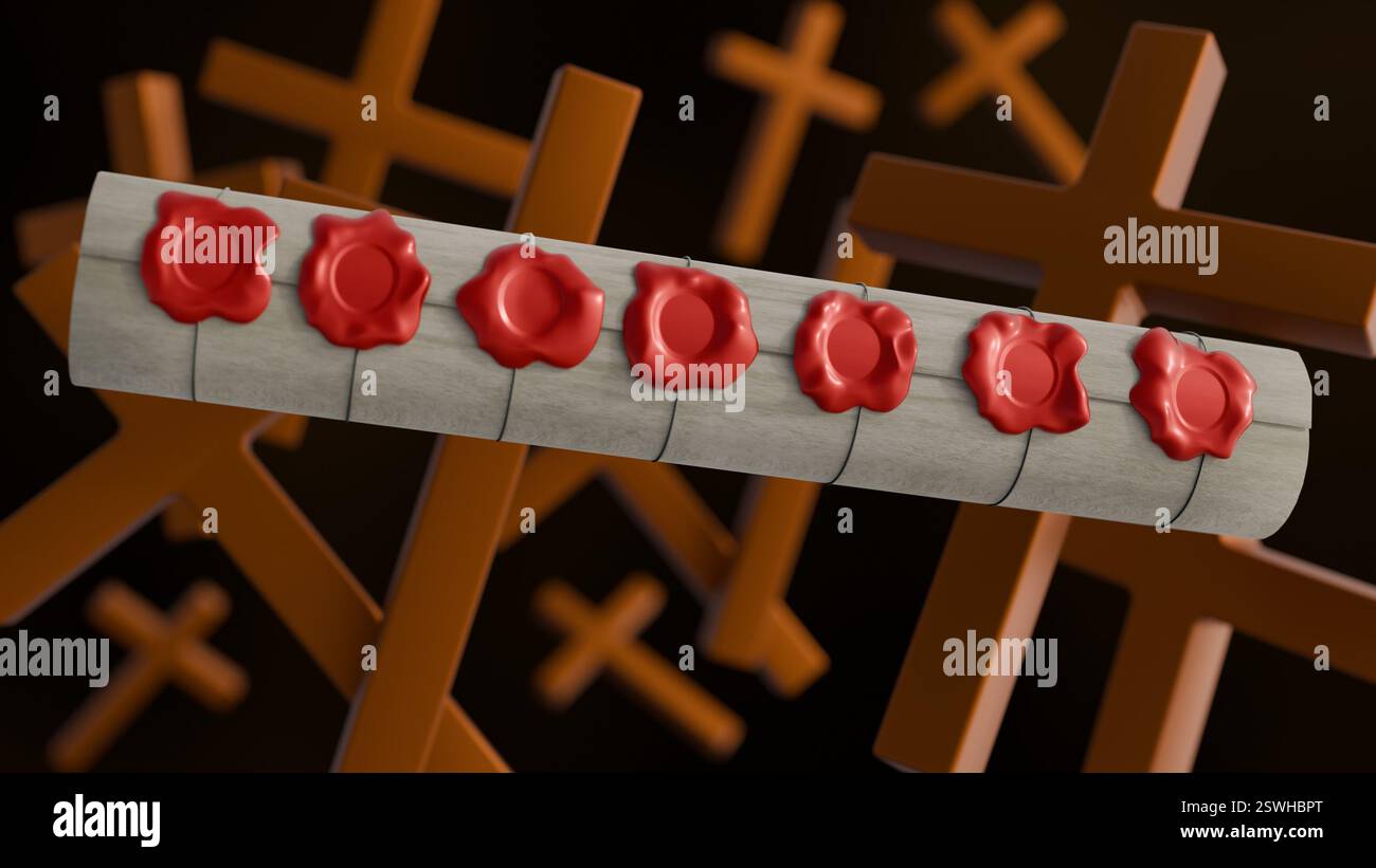 A 3D rendering depicts a rolled parchment scroll sealed with seven ...
