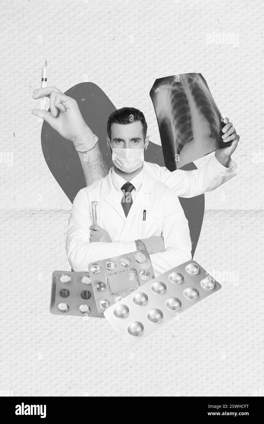 Collage photo of young serious confident main doctor medicine wear mask ...