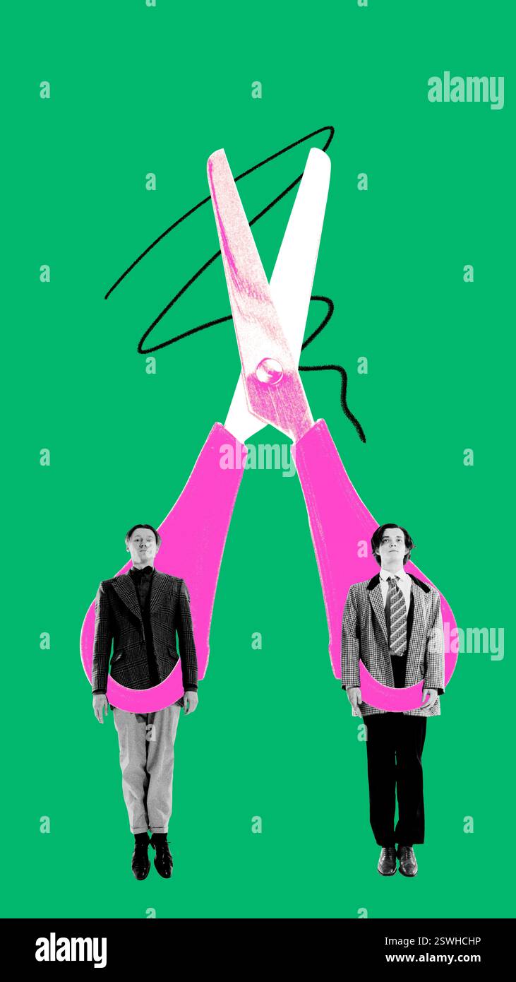 Two men dressed in suits merge into large pink pair of scissors ...