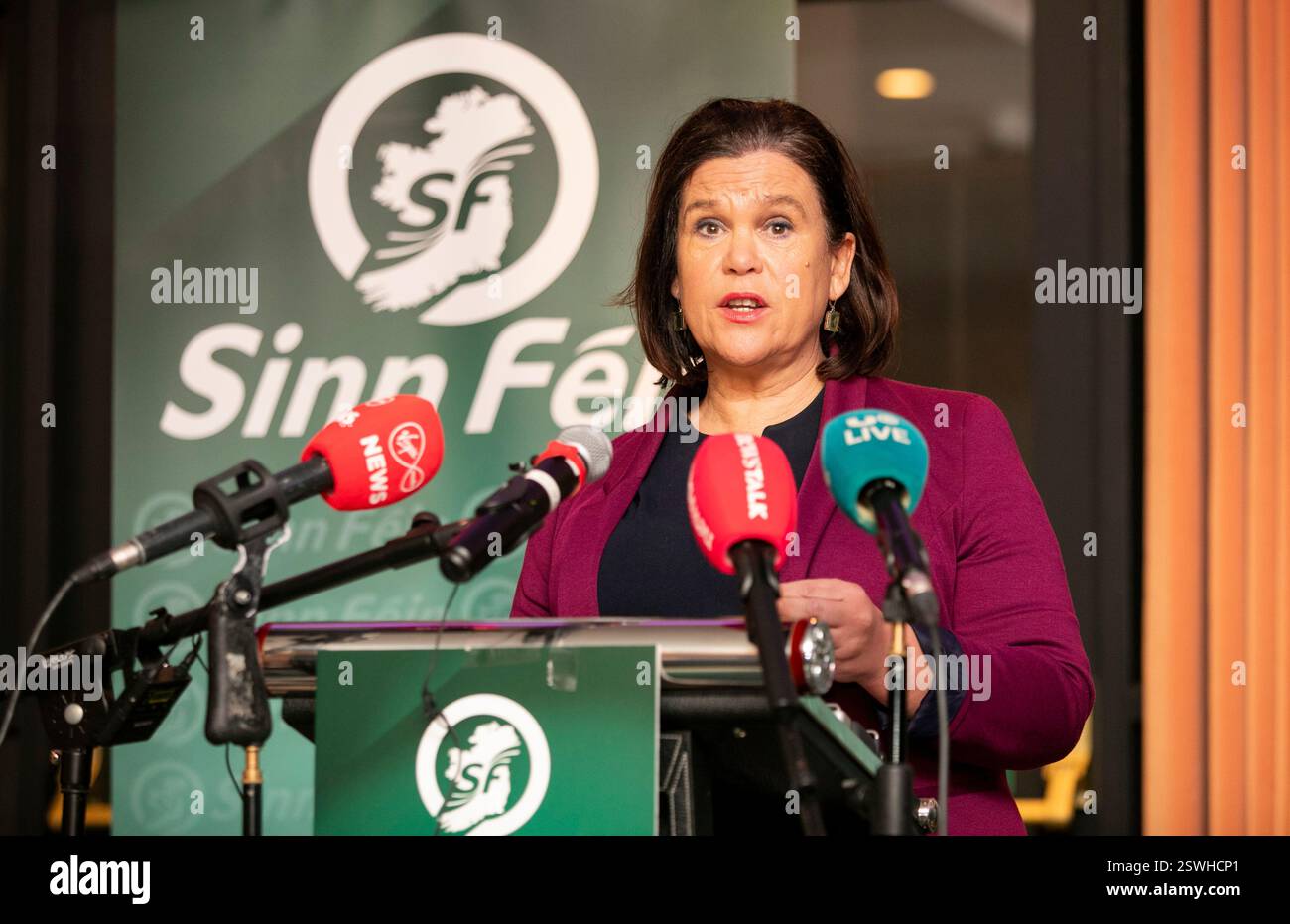 Sinn Fein leader Mary Lou McDonald speaking during a press conference ...
