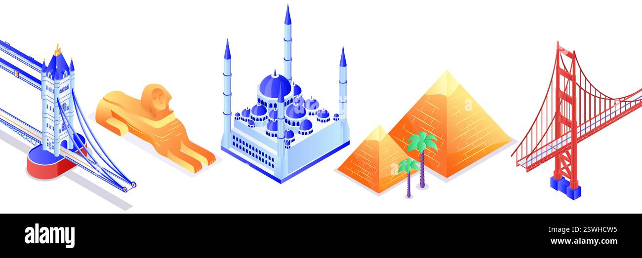 Travel, tourism landmarks 3d isometric design elements set. Vector illustration of Blue Mosque ...