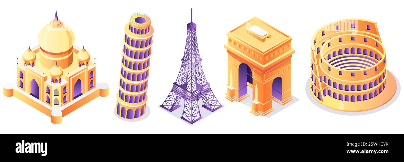 Travel, tourism landmarks 3d isometric design elements set. Vector illustration of Taj Mahal ...