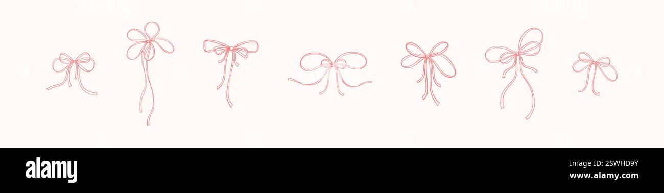 Whimsical tiny cute line doodle ribbon bow set. Pink pastel coquette ...