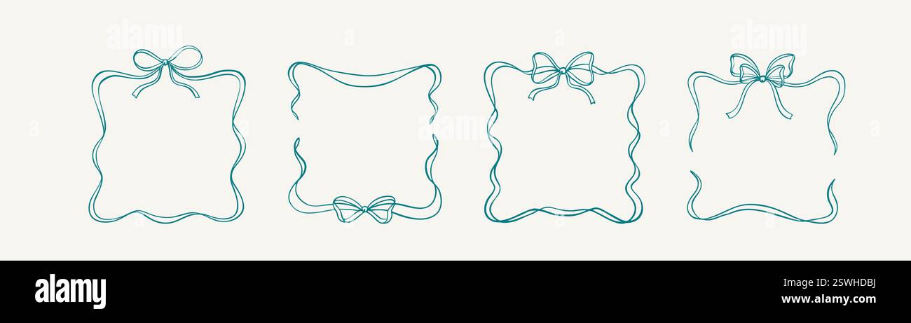 Set of square whimsical bow ribbon frames. Coquette wavy scroll tape ...
