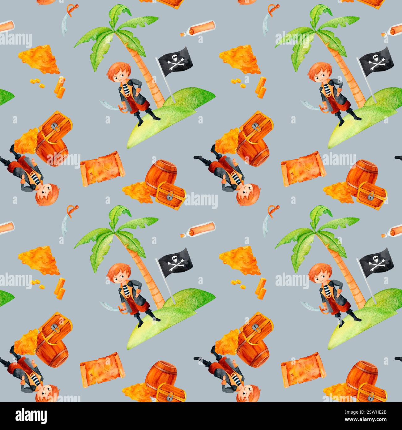 Pirate-themed pattern featuring a boy adventurer, treasure chest ...
