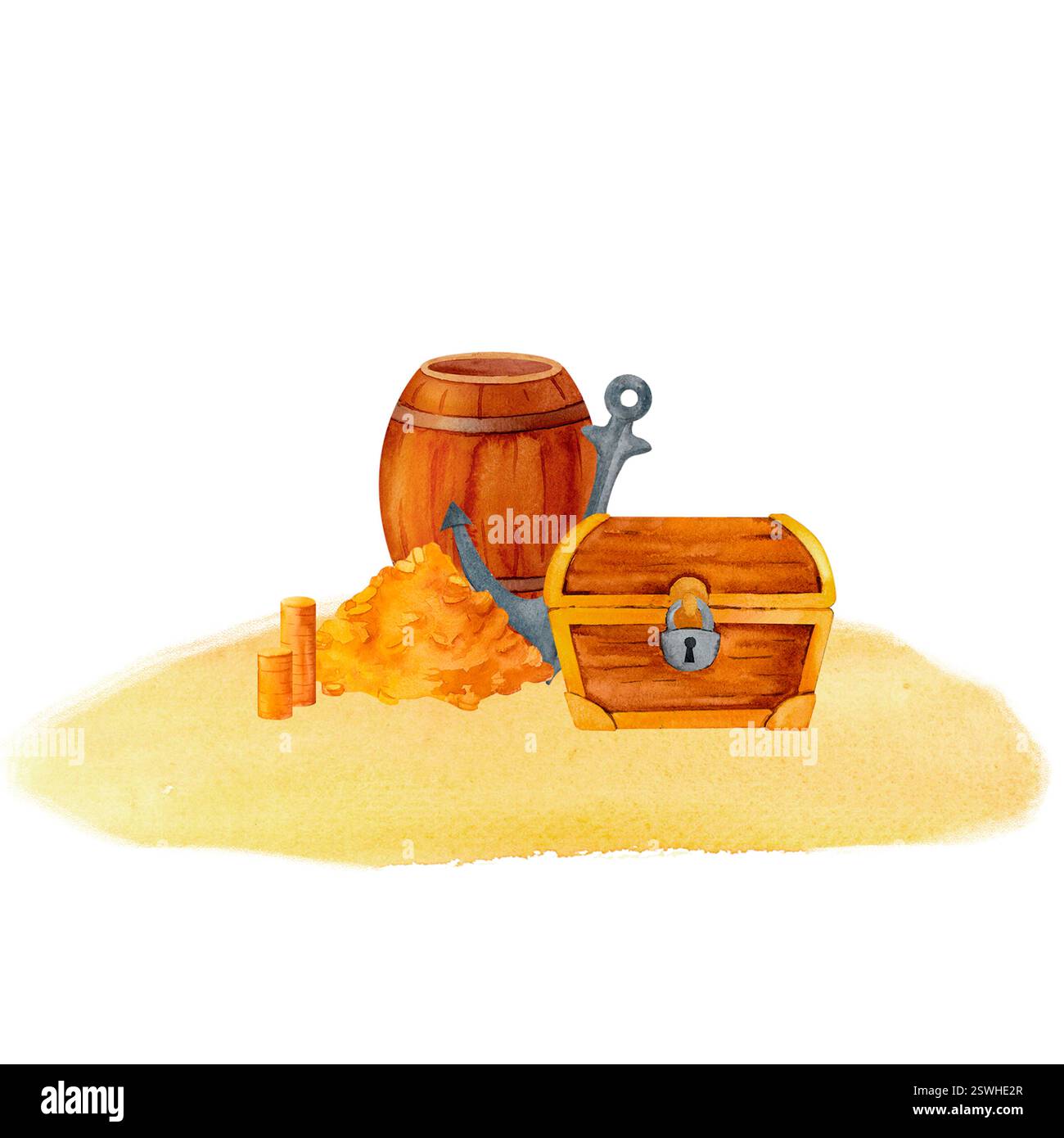 A pirate-inspired composition with a barrel, treasure chest filled with ...