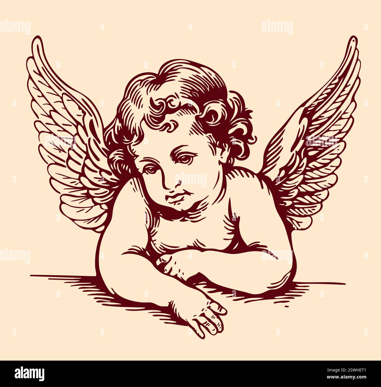 Baby angel line drawing. Isolated . Cherub wings. Vector illustration ...
