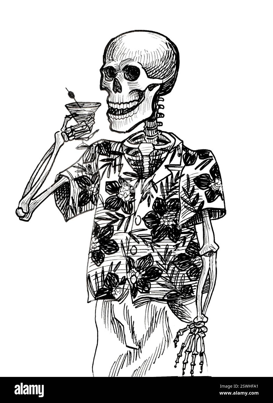 Skeleton drinking a cocktail. hand drawn ink black and white ...
