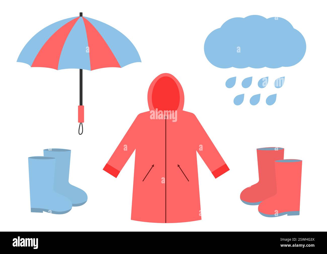 Rainy day essentials featuring raincoat, umbrella, and rubber boots for outdoor activities ...