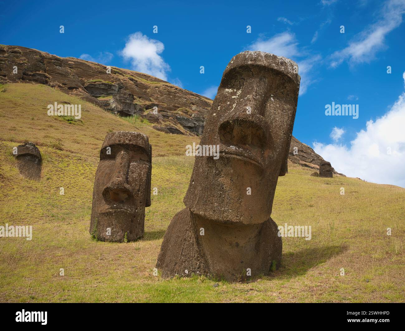 Rano Raraku, quarry of the moai on Easter Island. The part completed ...