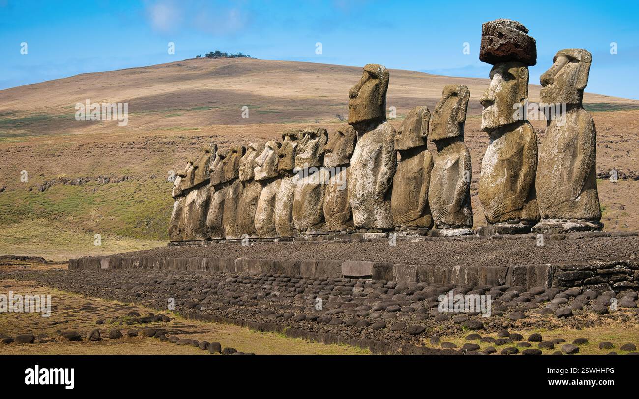 The fifteen moai atop the largest ahu or stone platform on Rapa Nui ...