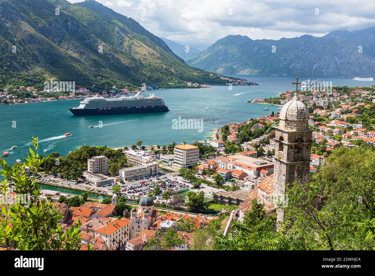 The cityscape and Kotor Bay seen from the walls of Kotor in Montenegro ...