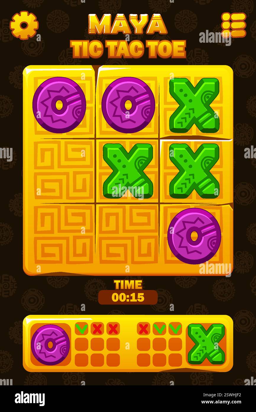 TIC TAC TOE UI in Maya or Aztec themed. Golden Board logic game for ...