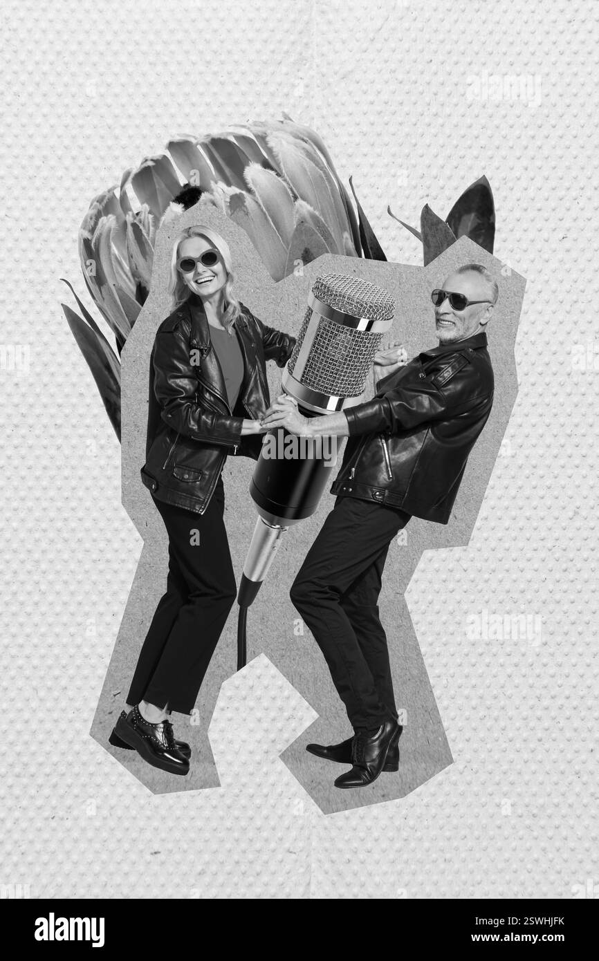Vertical collage image of two excited aged people hold hands dancing ...