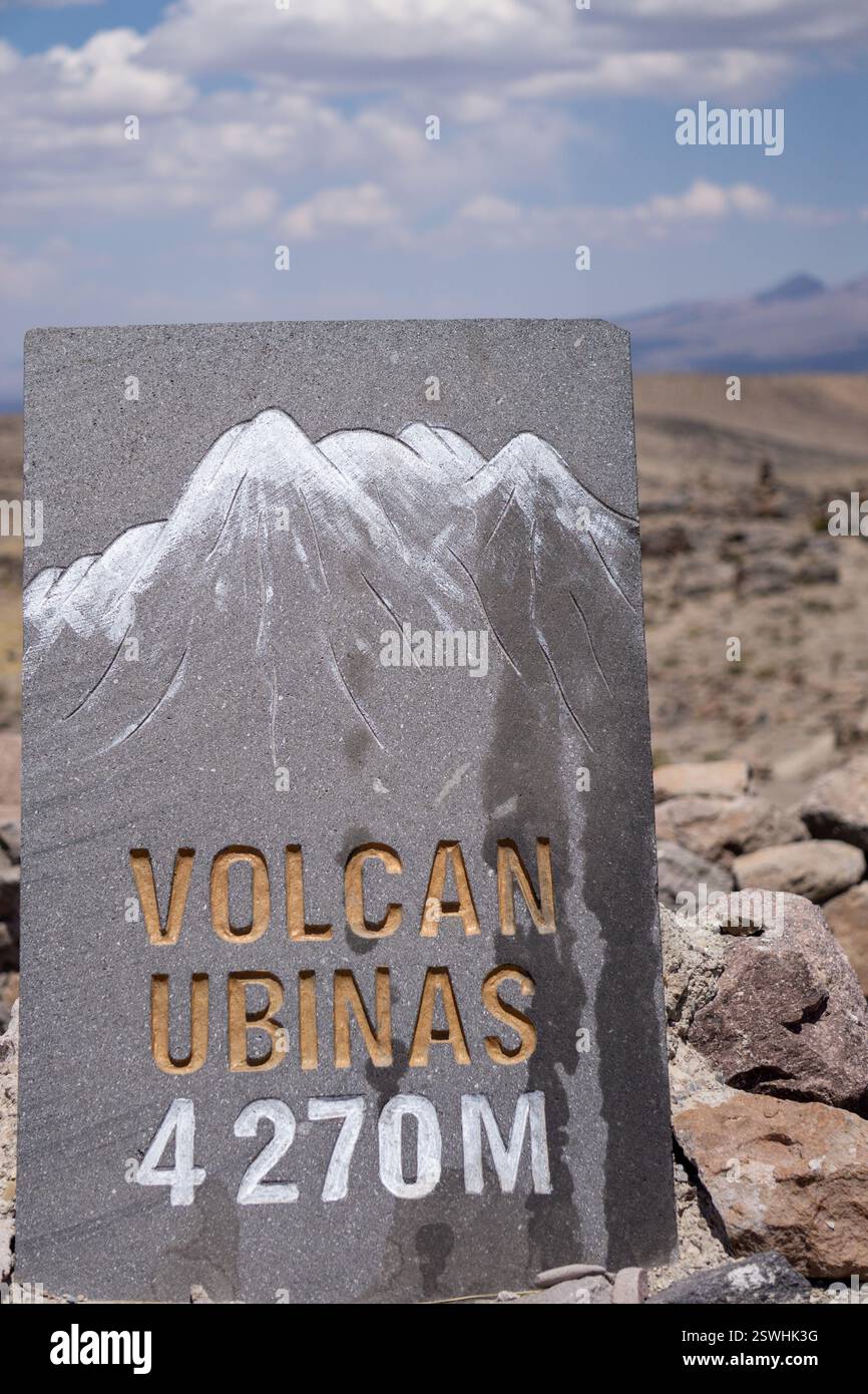 A signpost for Ubinas Volcano at Mirador de los Volcanes in Peru ...