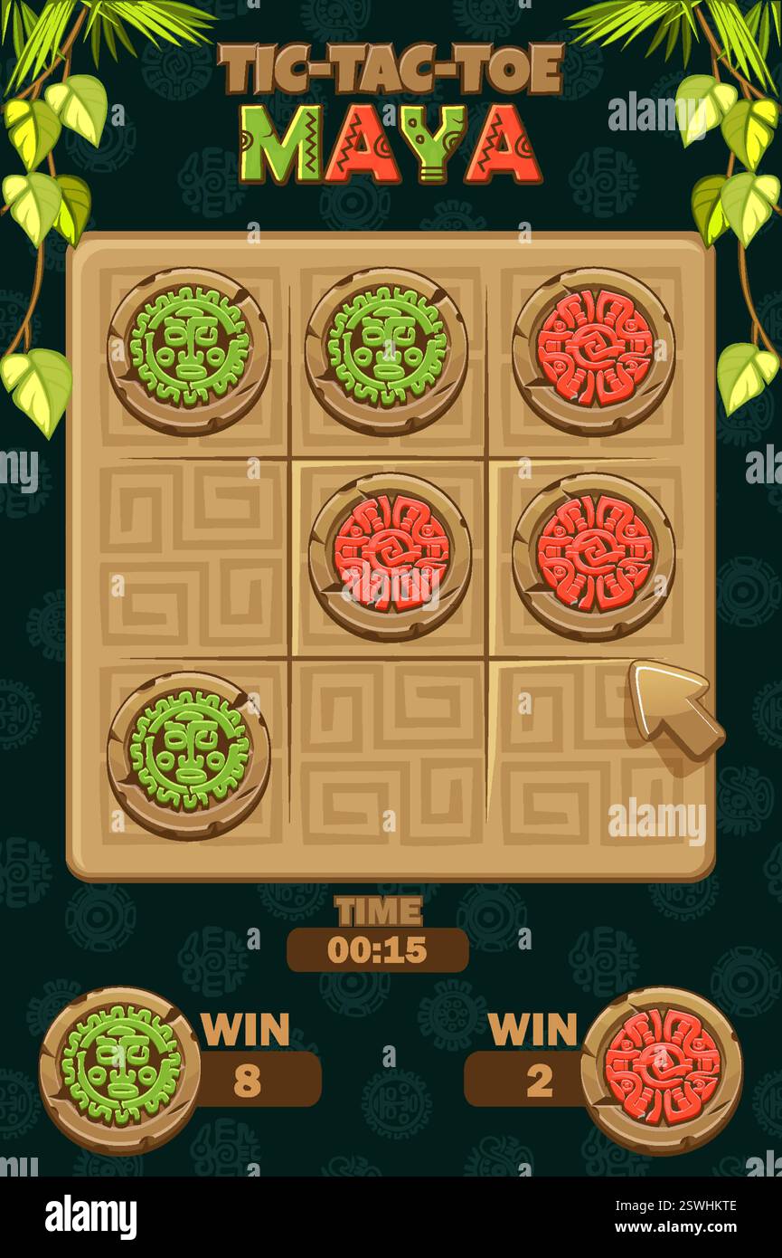 TIC TAC TOE UI in Maya or Aztec themed with lianas. Cartoon Board logic ...