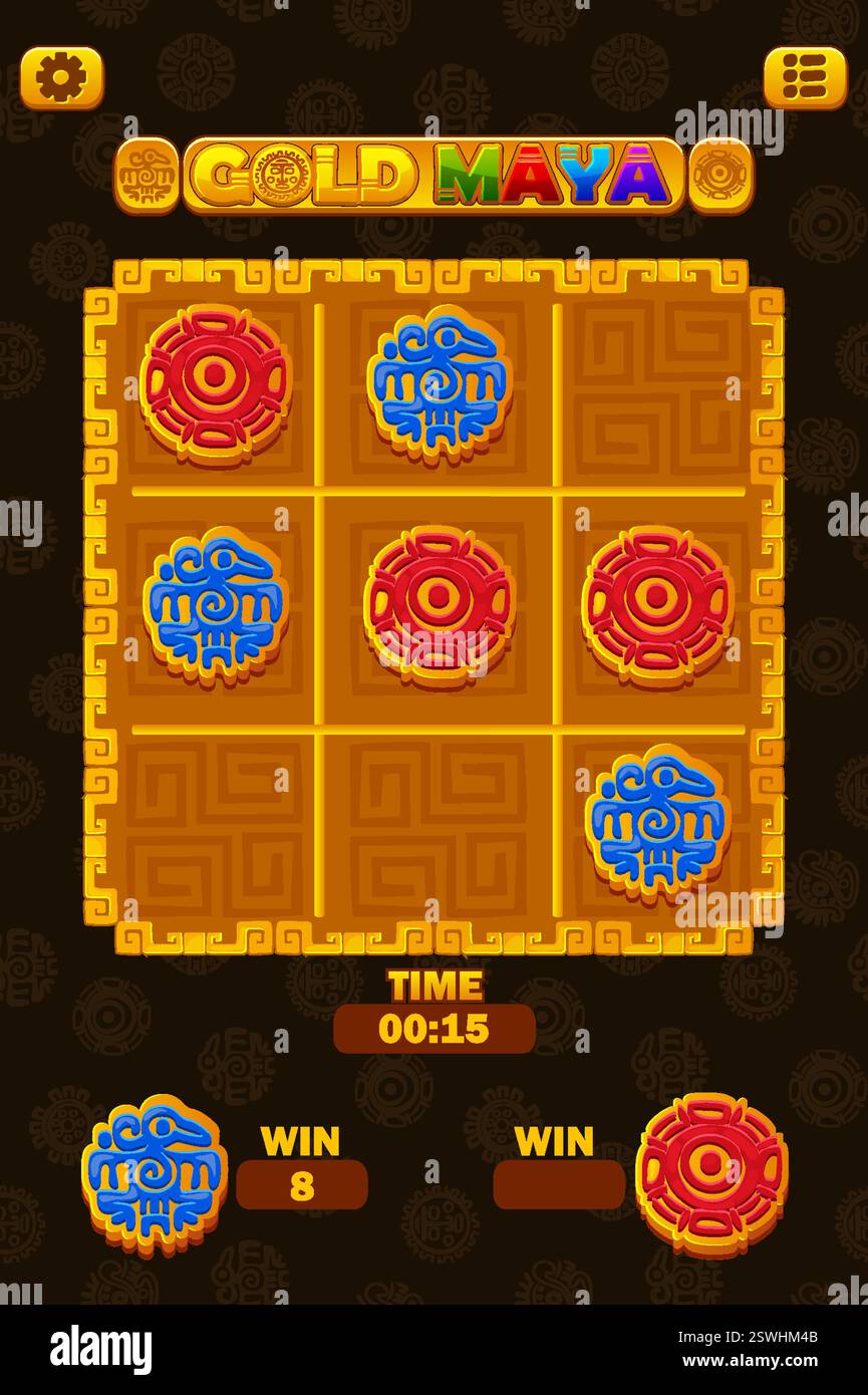 TIC TAC TOE UI in Maya or Aztec themed. Maya icons- Bird and Sun. Board ...