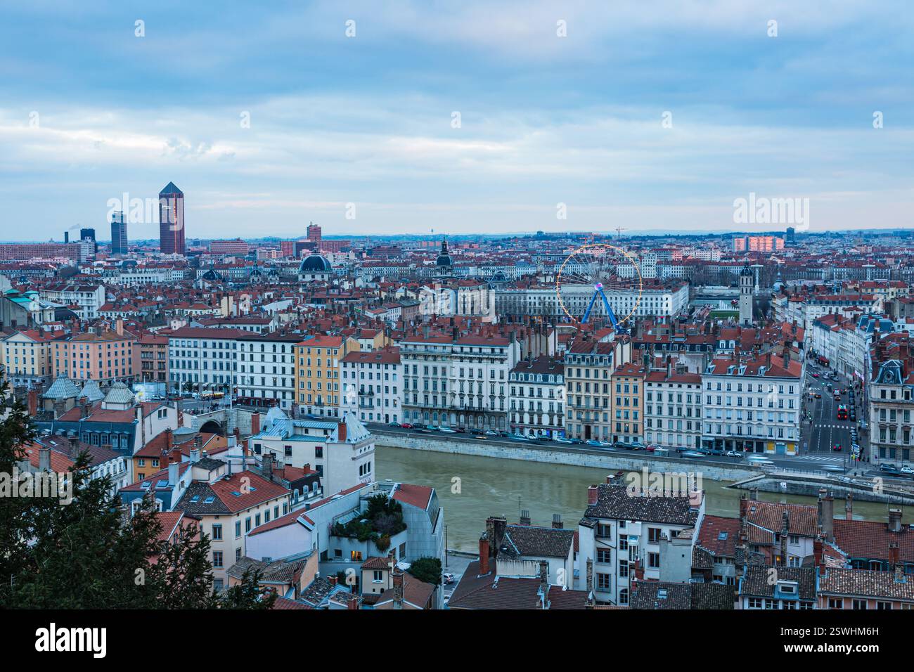 Scenery of the city seen from the hill of Fourviere in Lyon, France ...