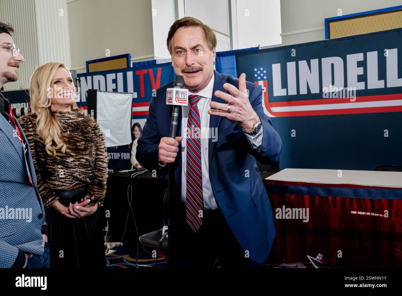 My Pillow CEO, Mike Lindell has a media booth at CPAC 25, in Washington DC, on February 20, 2025 ...