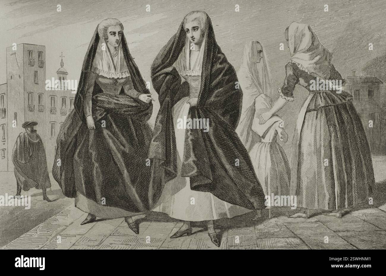 Malta. Women in 18th century traditional costumes. Engraving. Lemaitre ...