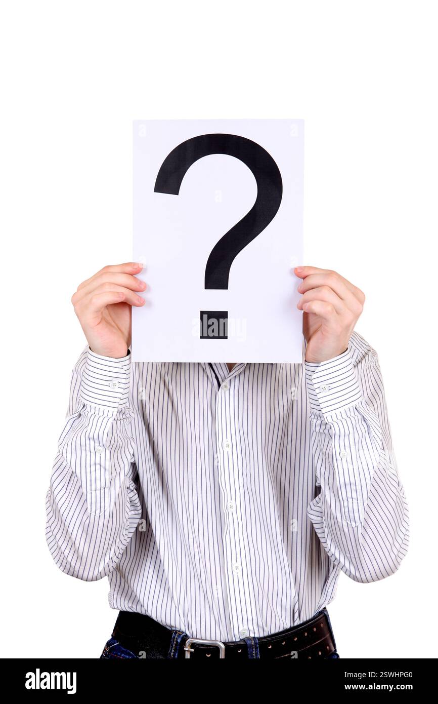 Person holds a Question Mark in place of Face on the White Background ...