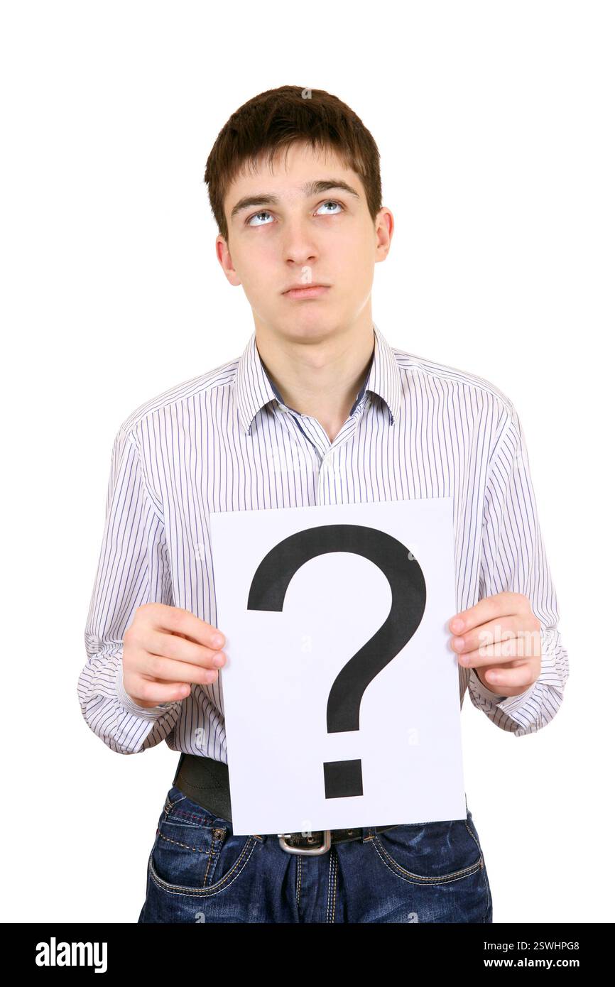 Teenager is Thinking and holds a sheet with Question Mark on the White ...