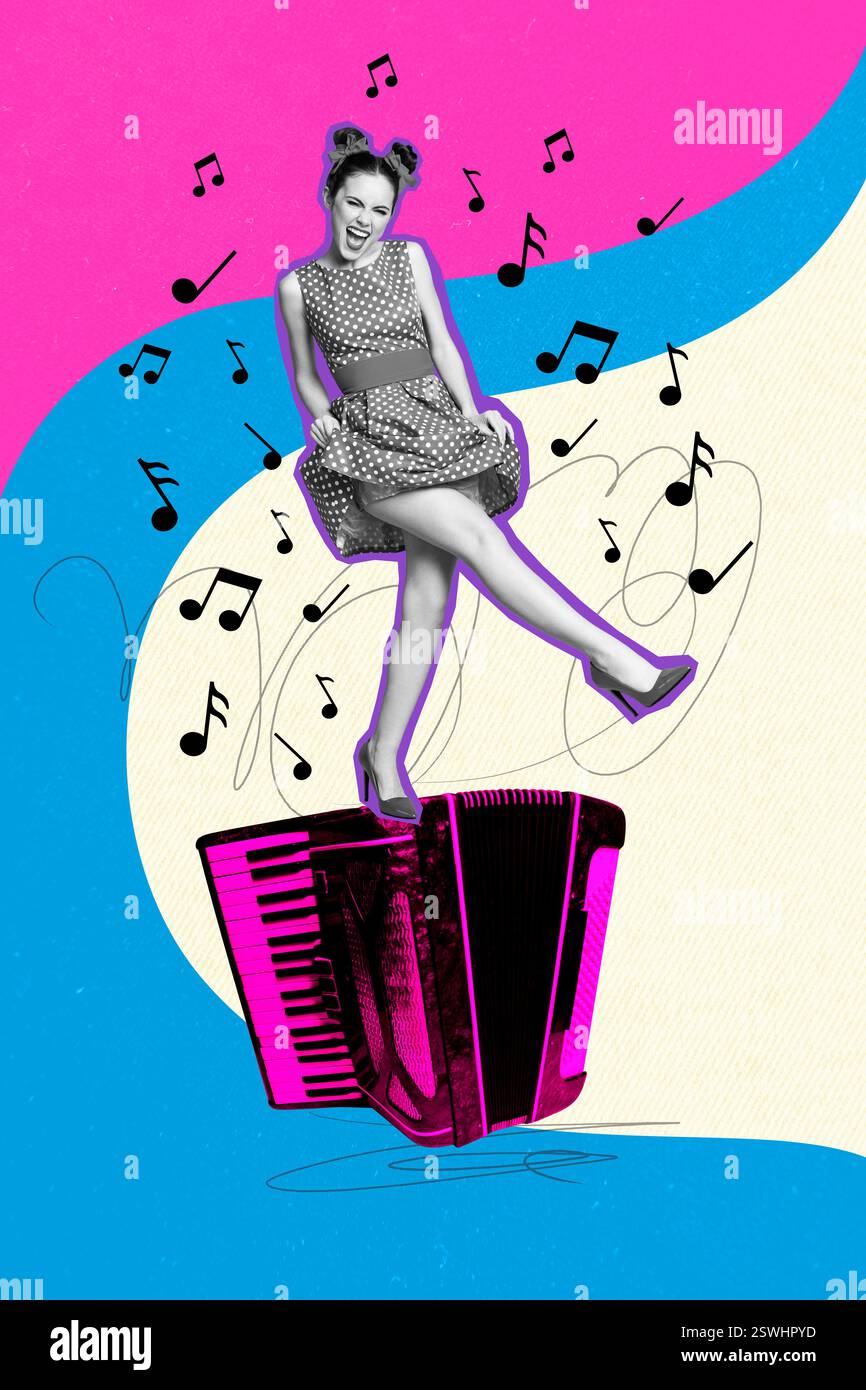3D collage poster template trend artwork sketch of pinup style young ...