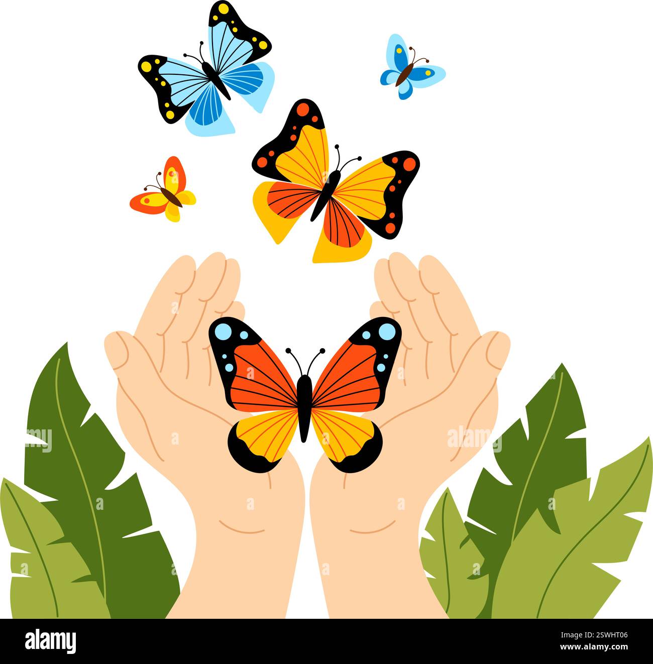 Hands releasing colorful rainbow butterflies into nature. Symbolizing freedom, nature, and ...