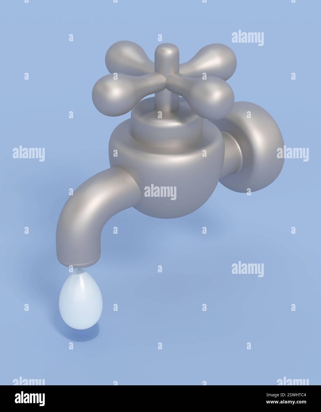 Cartoon faucet with a water drop isolated on blue background. 3D ...