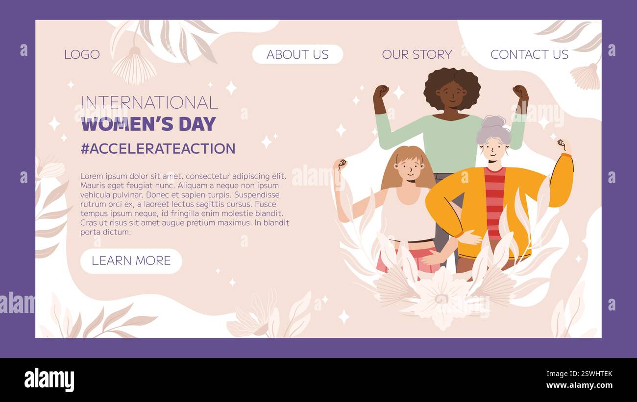IWD 2025 Illustrated poster design for International Women's Day featuring diverse women raising ...